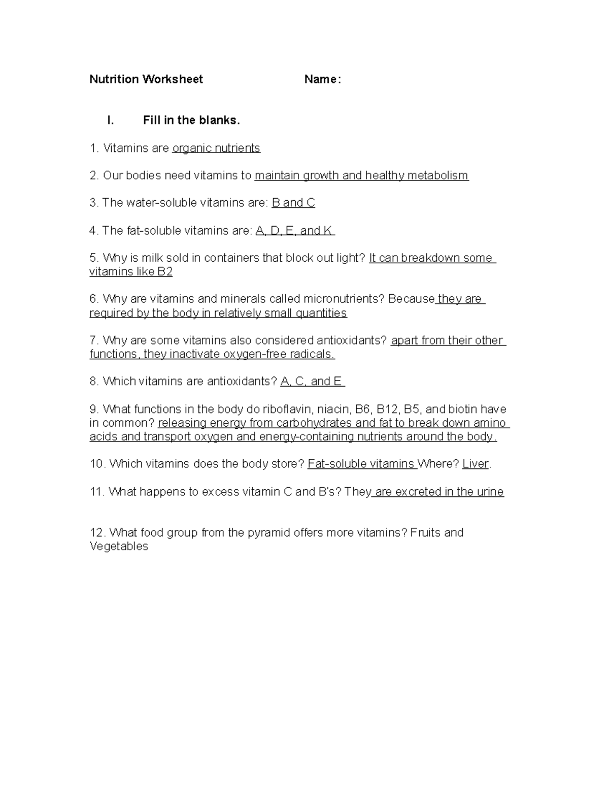 Vitamin worksheet - actividad - Nutrition Worksheet Name: I. Fill in ...
