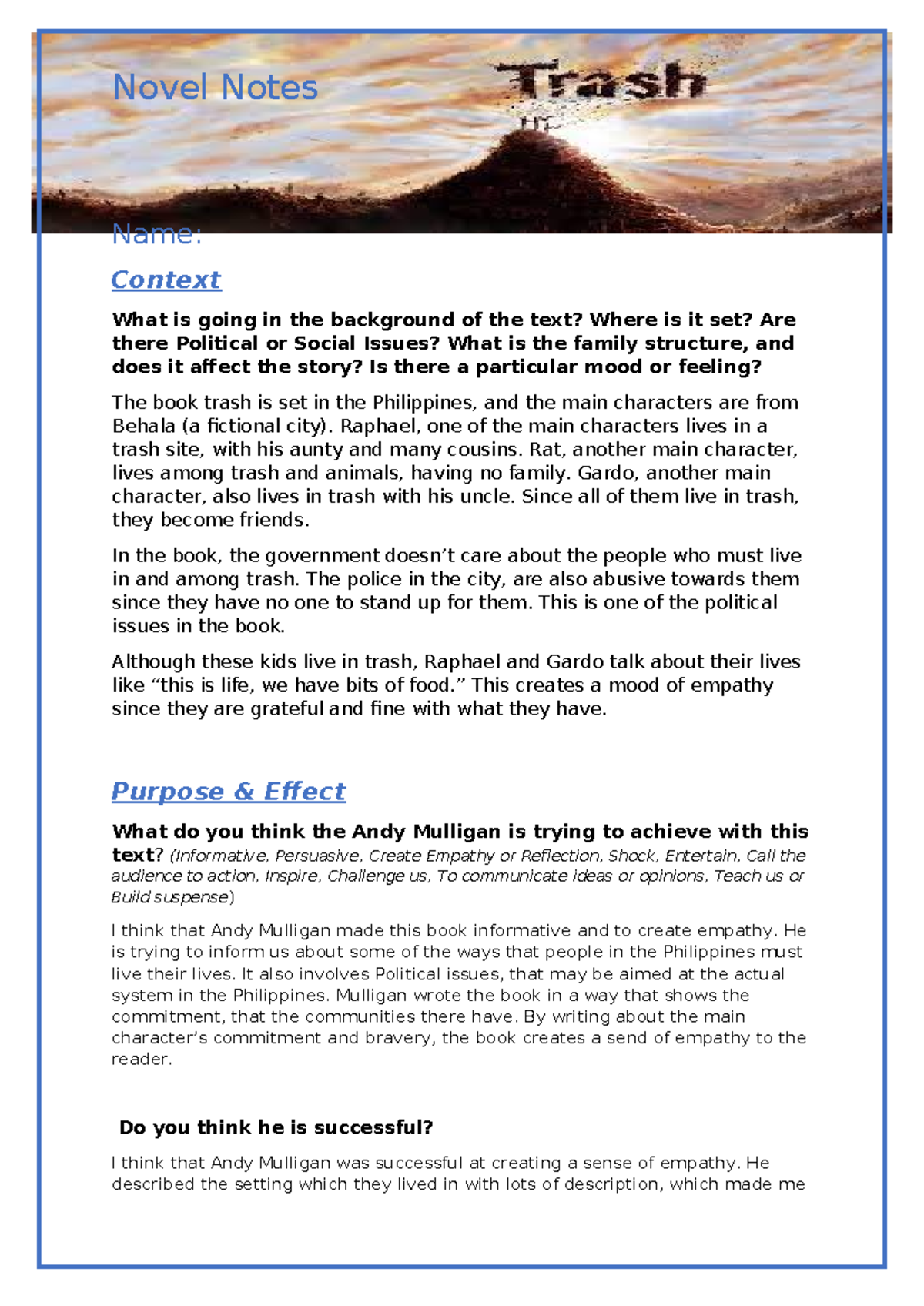 Trash Novel Notes - Gloria Aley Joseph (003) - Novel Notes Name ...