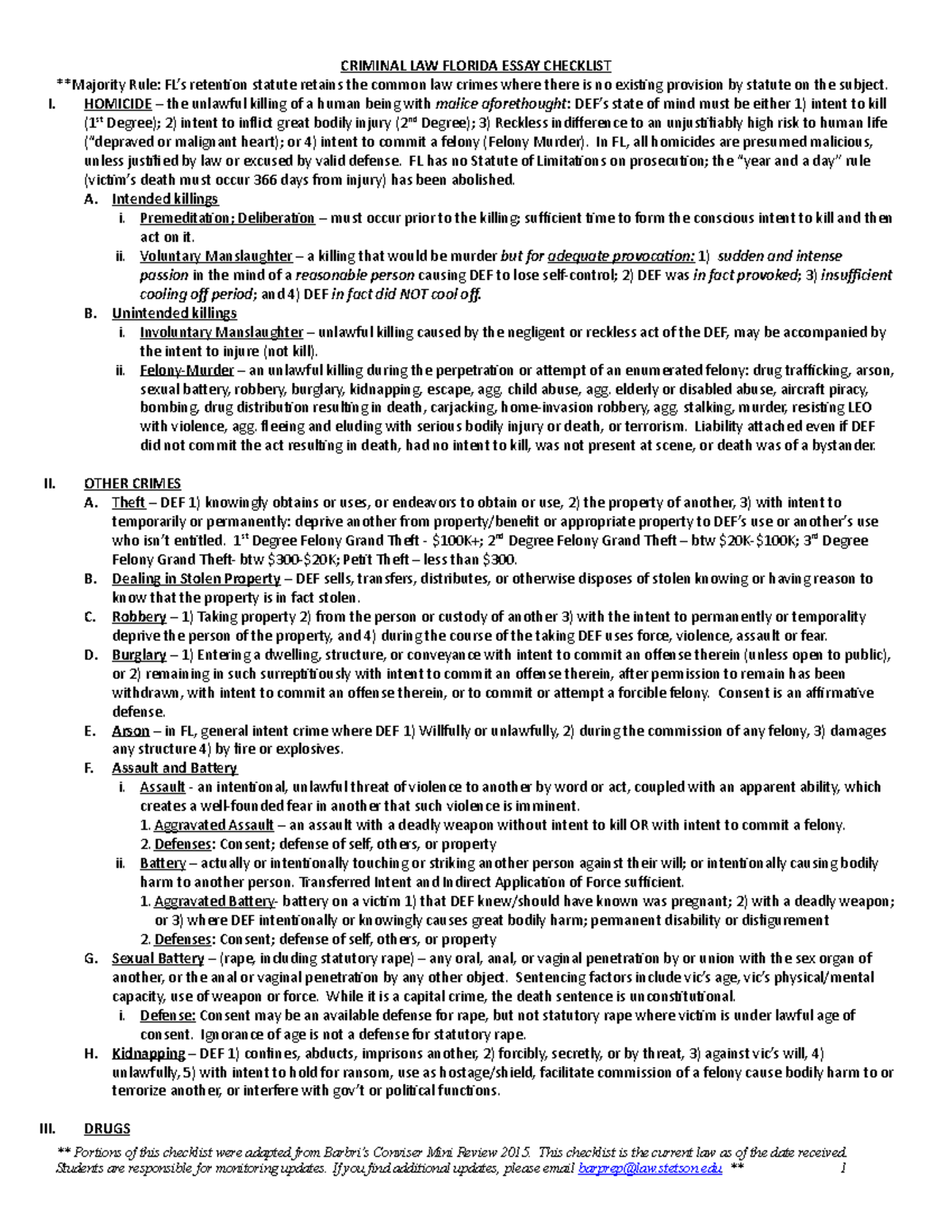 Florida Criminal Law Essay Checklist - CRIMINAL LAW FLORIDA ESSAY ...