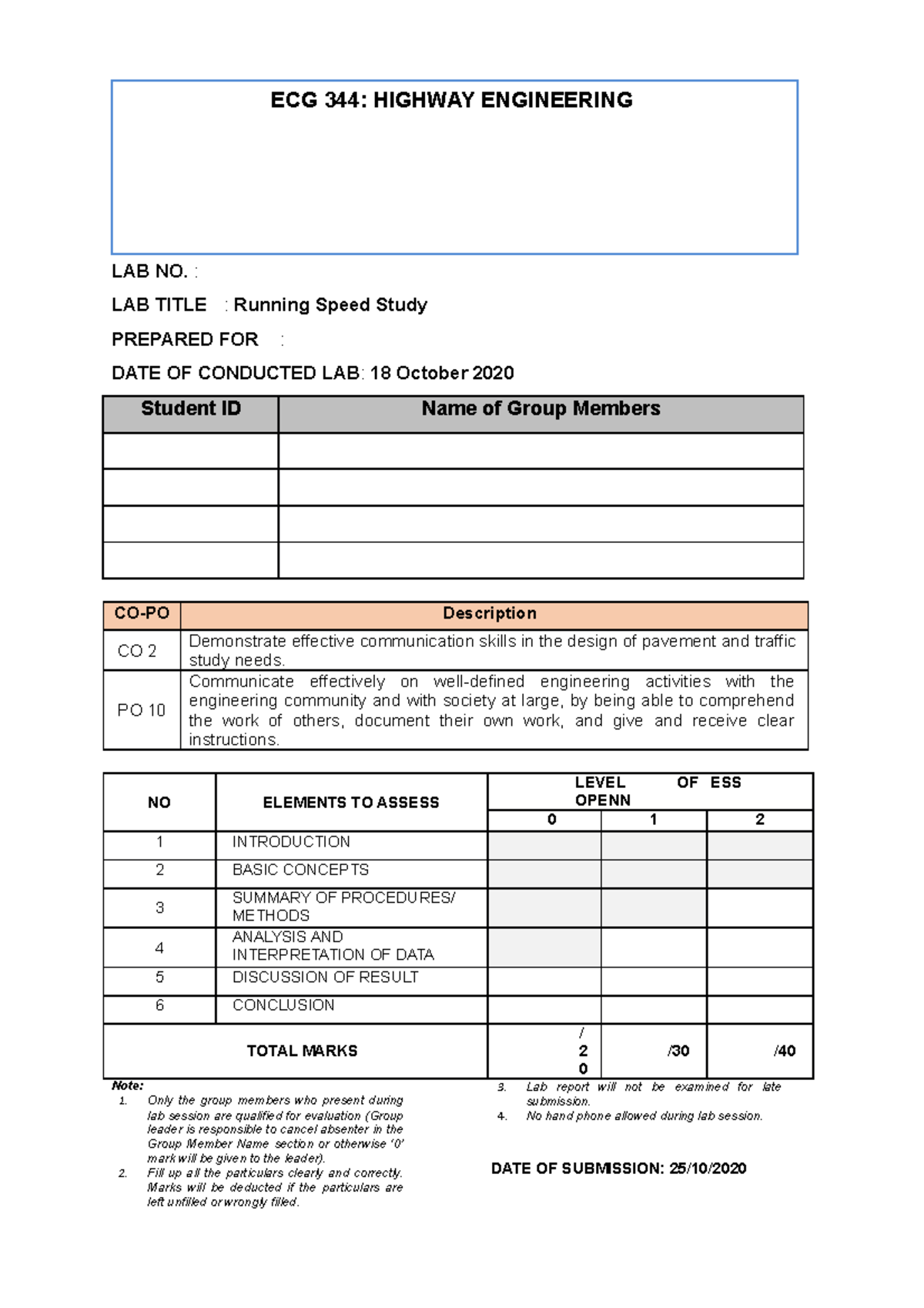 Lab 1 running speed study - LAB NO. : LAB TITLE : Running Speed Study ...