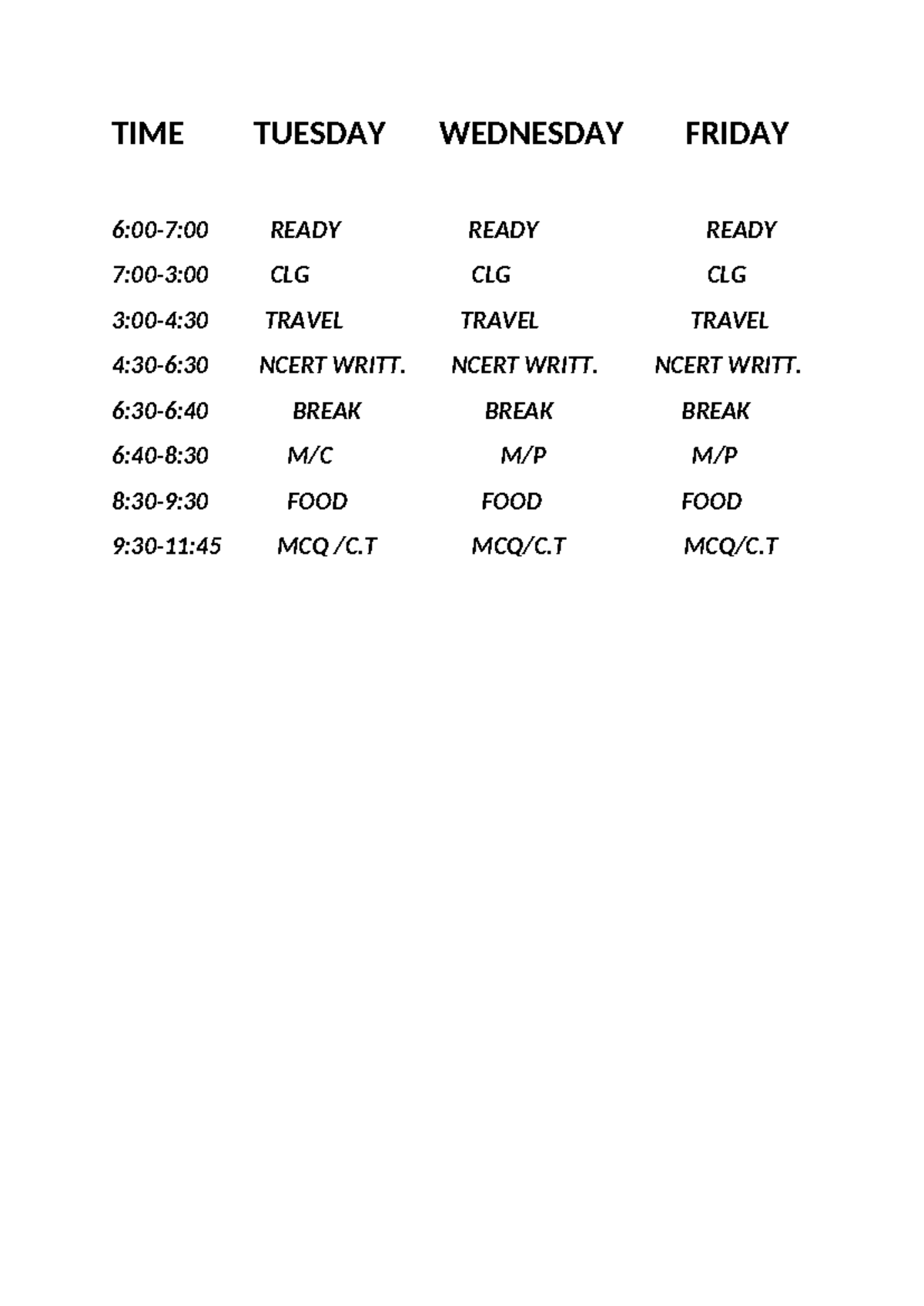 Timetable - Bcom Banking - TIME TUESDAY WEDNESDAY FRIDAY 6:00-7:00 ...