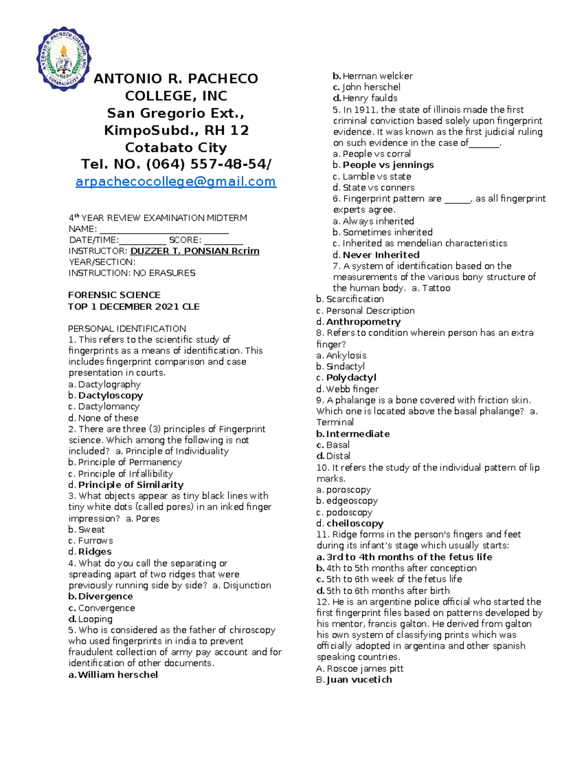 Forensic-EXAM - True - ANTONIO R. PACHECO COLLEGE, INC San Gregorio Ext ...