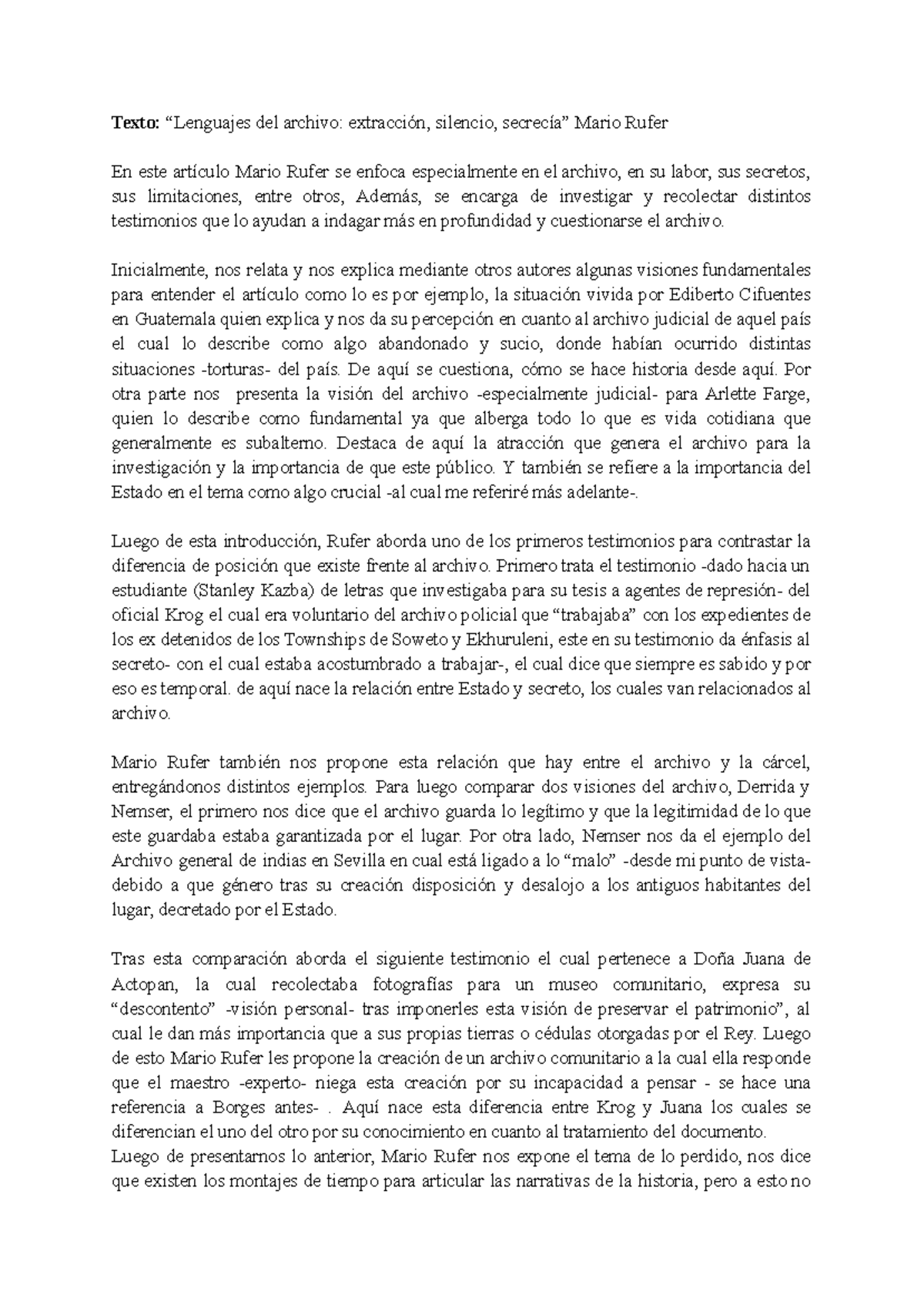 Resumen Lenguajes del archivo- Mario Rufer - Texto: “Lenguajes del ...