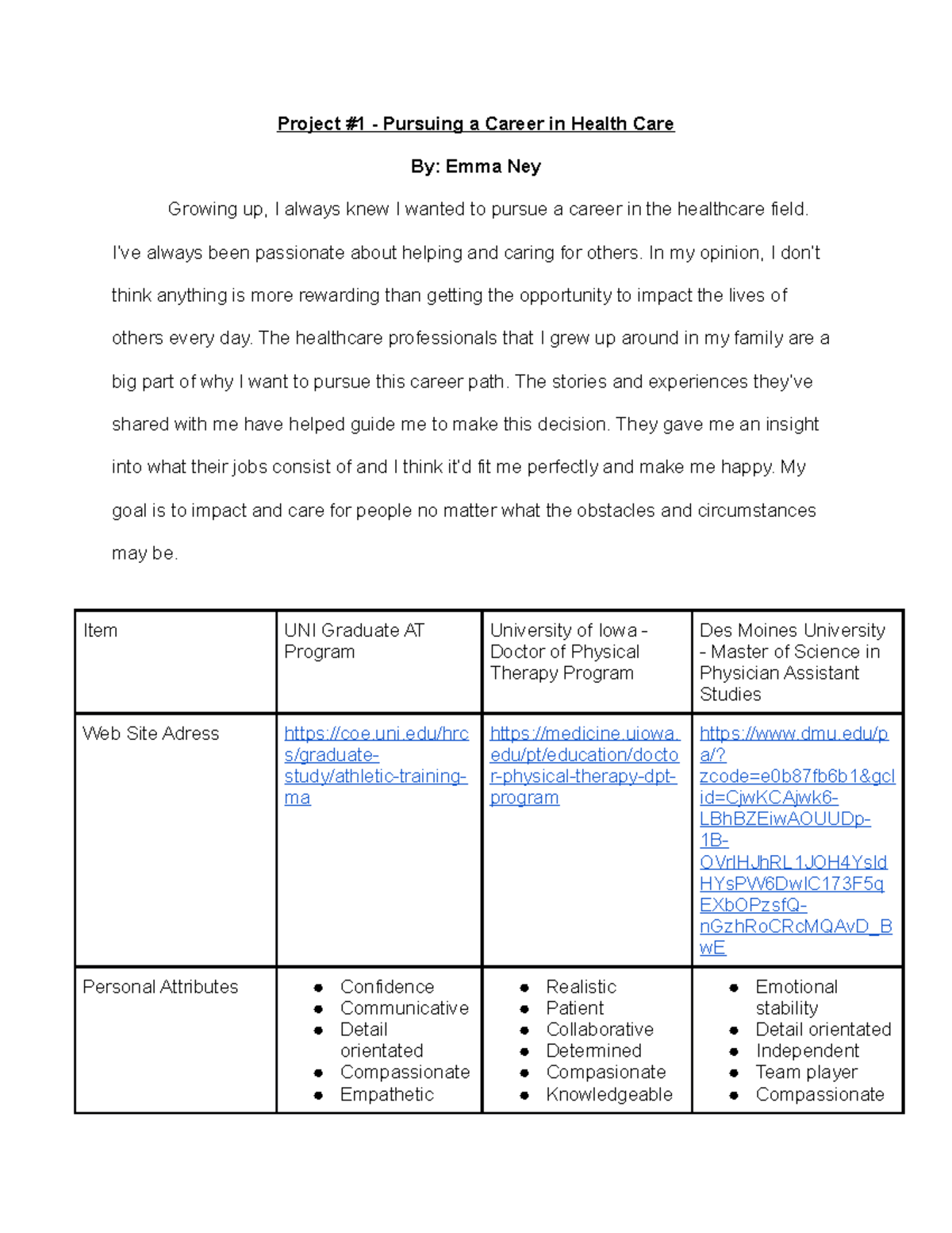 Project #1 - Pursuing a Career in Health Care - I’ve always been ...