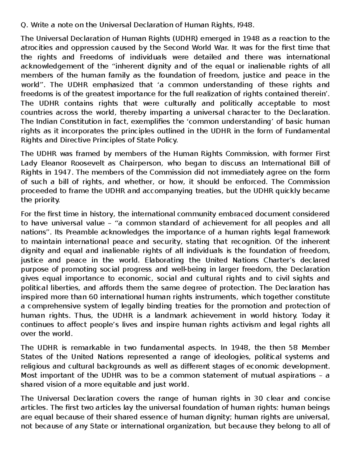 UDHR - A short note on Universal Declaration on Human Rights - Q. Write ...