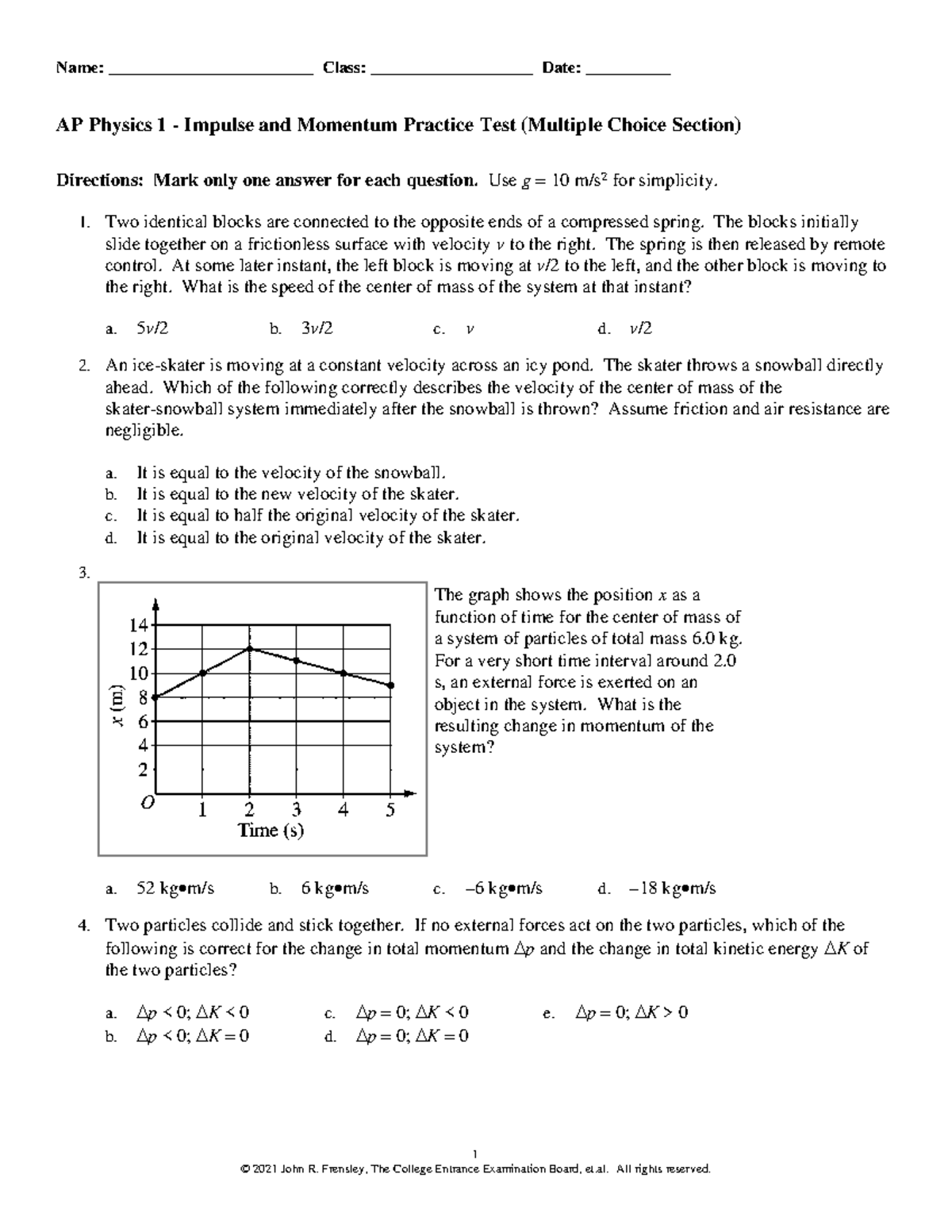 Practice Test MC-Unit P1-07 Impulse and Momentum - Name ...