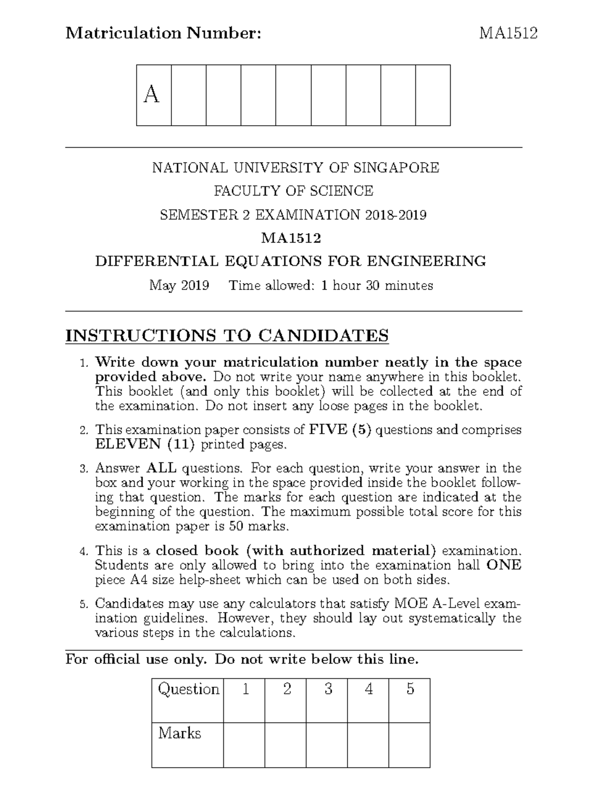 1819SEM2-MA1512 - nil - Matriculation Number: MA A NATIONAL UNIVERSITY ...