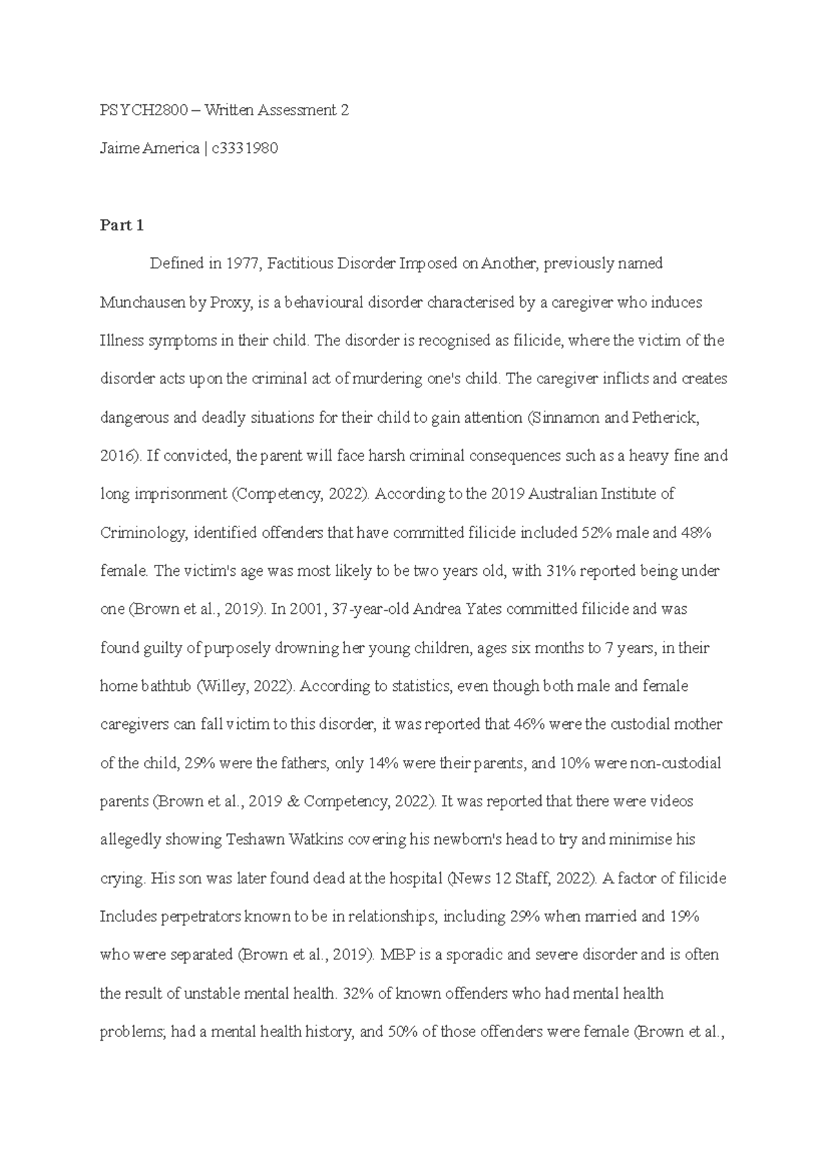 FDIA Assessment - PSYCH2800 – Written Assessment 2 Jaime America | c ...