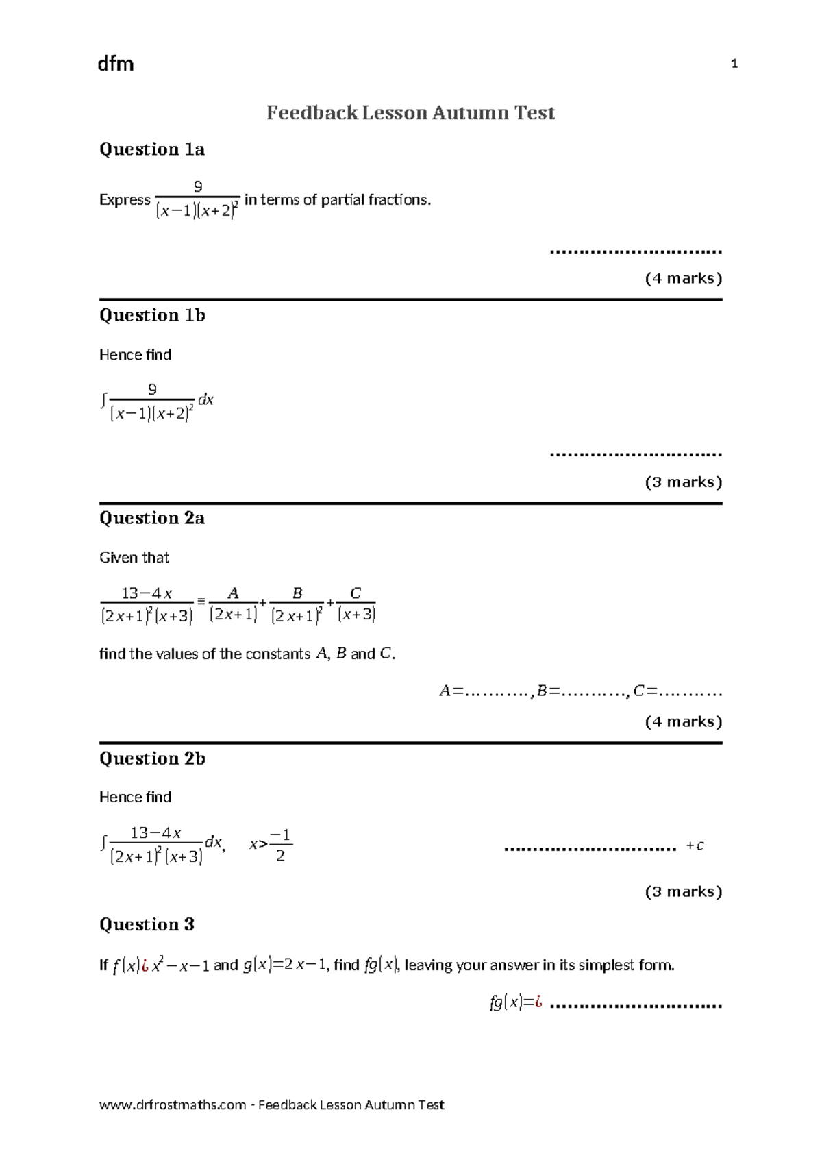 Feedback Autumn DFM paper - dfm Feedback Lesson Autumn Test Question 1a ...