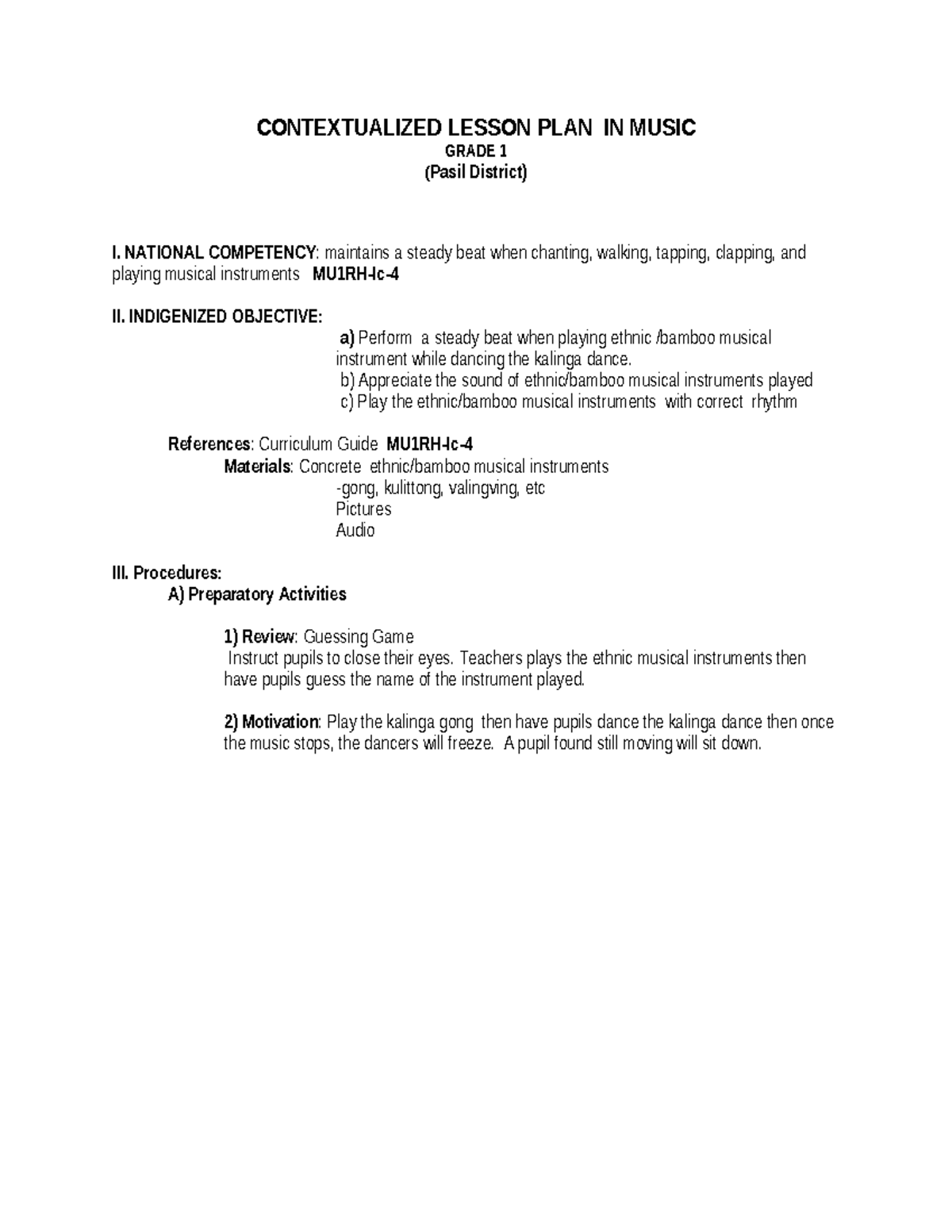Contextualized Lesson PLAN IN Music 1 Pasil - CONTEXTUALIZED LESSON ...