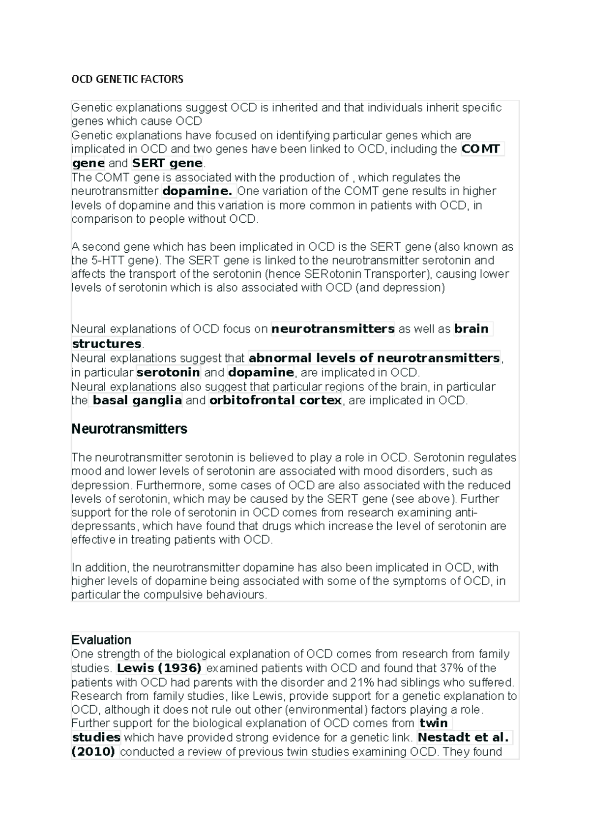 OCD Genetic Factors - Lecture notes 4 - OCD GENETIC FACTORS Genetic ...