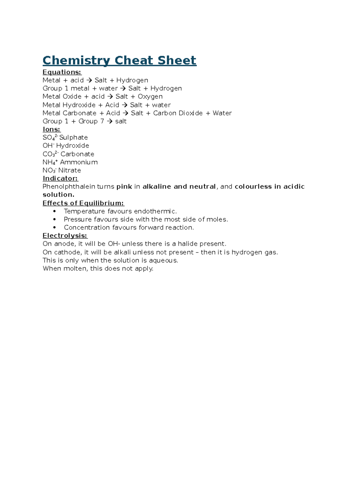 Chemistry Cheat Sheet - Chemistry Cheat Sheet Equations: Metal + acid ...
