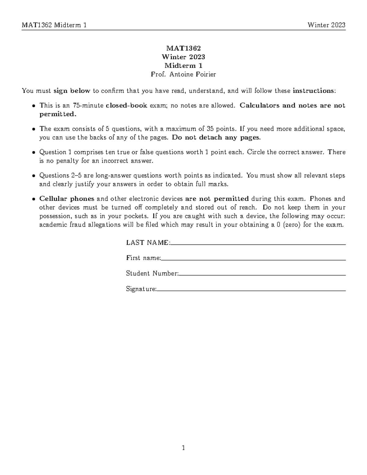 Midterm 1 Solutions - MAT Winter 2023 Midterm 1 Prof. Antoine Poirier ...