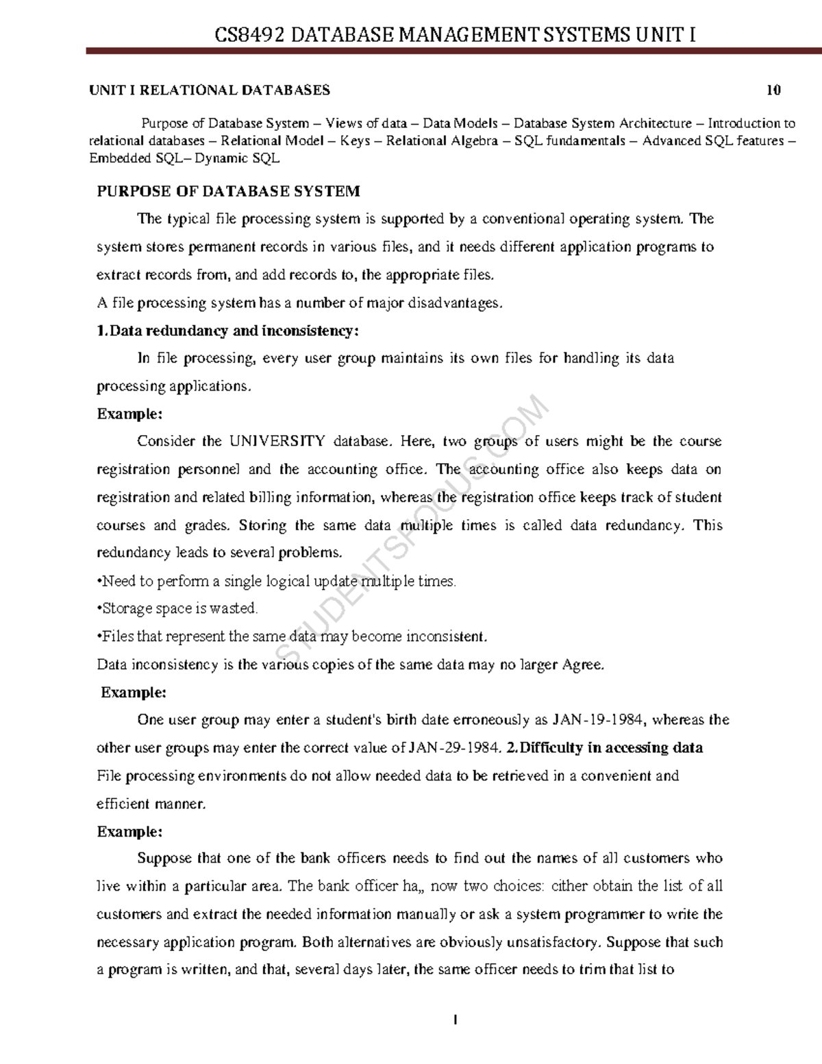 Cs8492 unit1 - Lecture notes - STUDENTSFOCUS UNIT I RELATIONAL ...