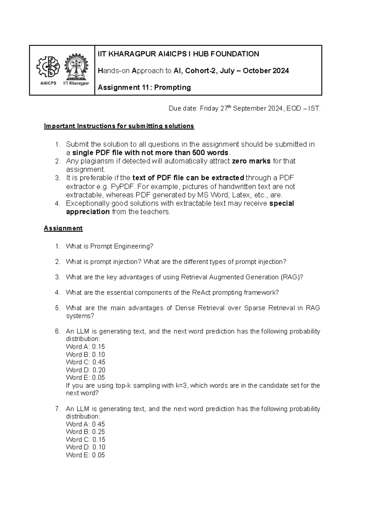HAAI-Assignment 11 Questionsdocx - IIT KHARAGPUR AI4ICPS I HUB FOUNDATION Hands-on Approach to ...