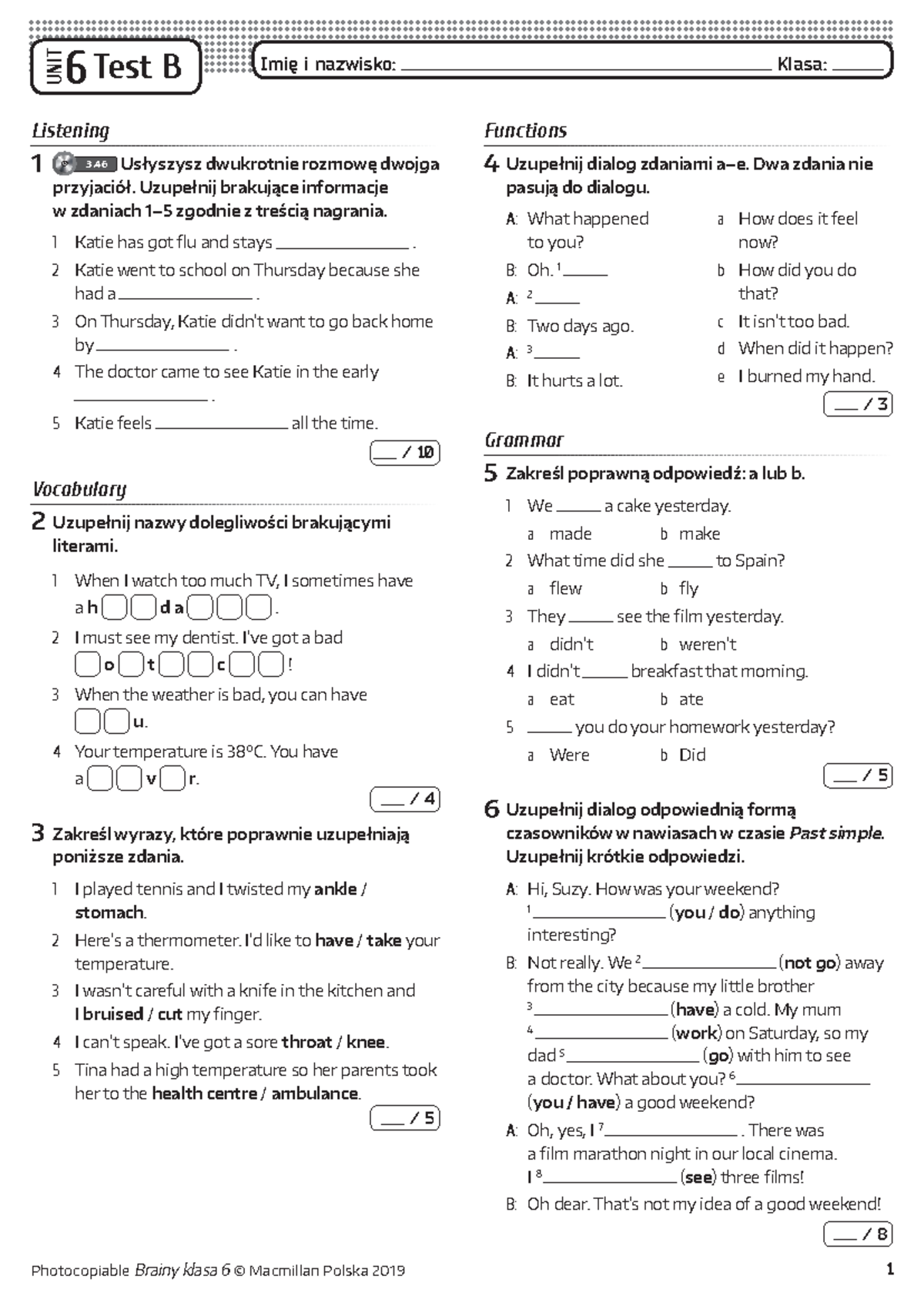 Klasy 6 - test - UNIT 6 Test B Imię i nazwisko: Klasa ...