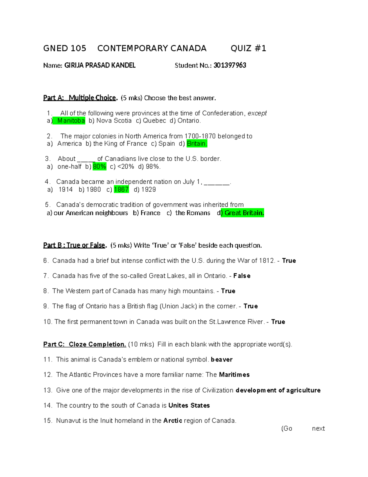 GNED 105 online QUIZ 1 - Quiz 1 - GNED 105 CONTEMPORARY CANADA QUIZ ...