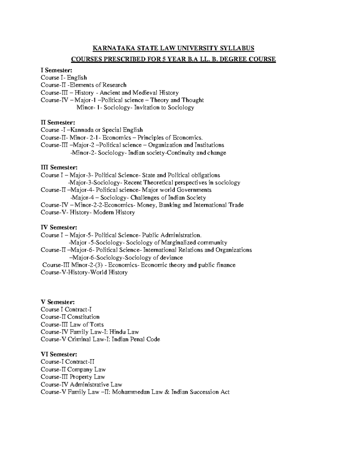 5Year LLBDegree Course - 1 semester syllabus - KSLU - Studocu