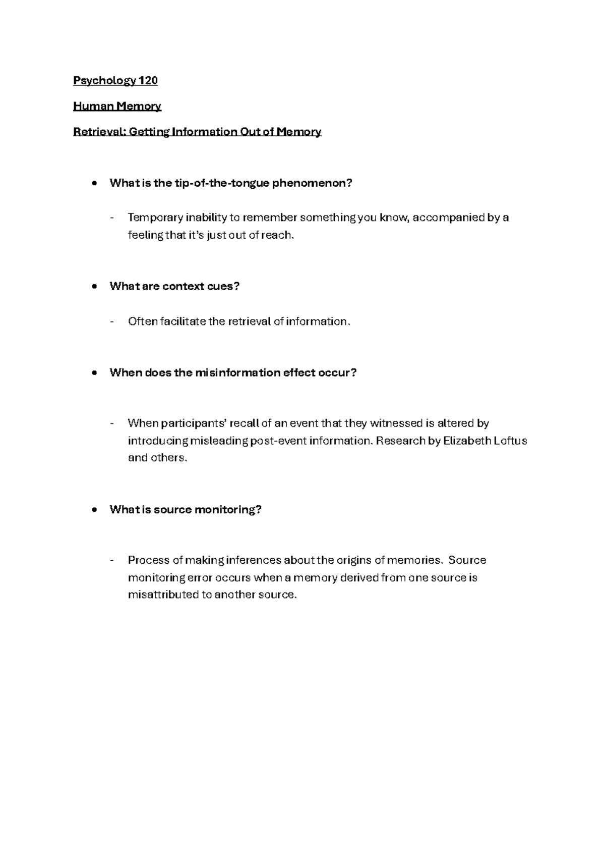 Human Memory - Retrieval - Psychology 120 Human Memory Retrieval ...