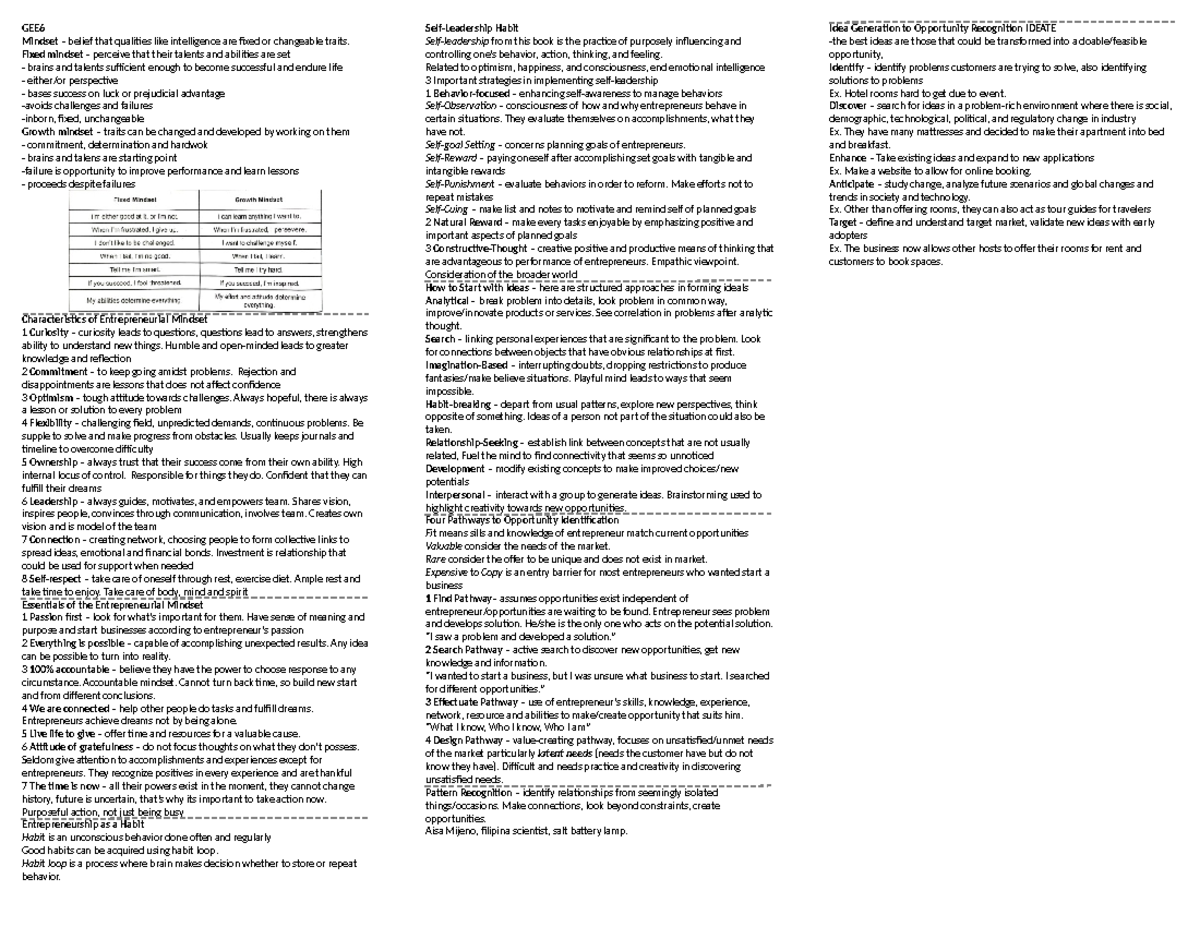 Reviewer GEE6 Entrepreneurial Mind Midterms - GEE Mindset – belief that ...