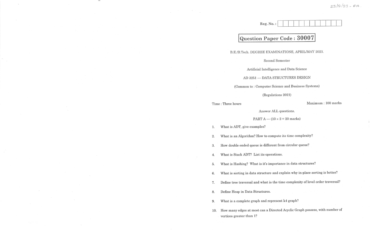 AD3251 - Data Structures Design R2021 - 2023 June - Reg. No.: Question ...