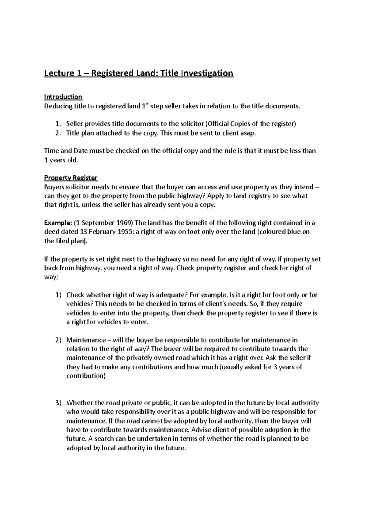 Property Law Summary Notes - Lecture 1 – Registered Land: Title ...