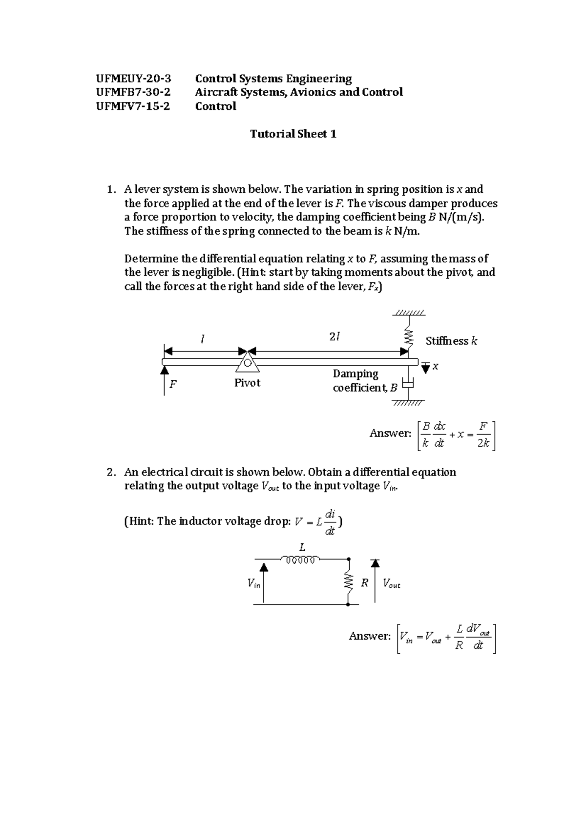 Tutorial Sheet 1 - UFMEUY-­‐20-­‐3 Control Systems Engineering UFMFB7-­‐30-­‐2 Aircraft Systems ...