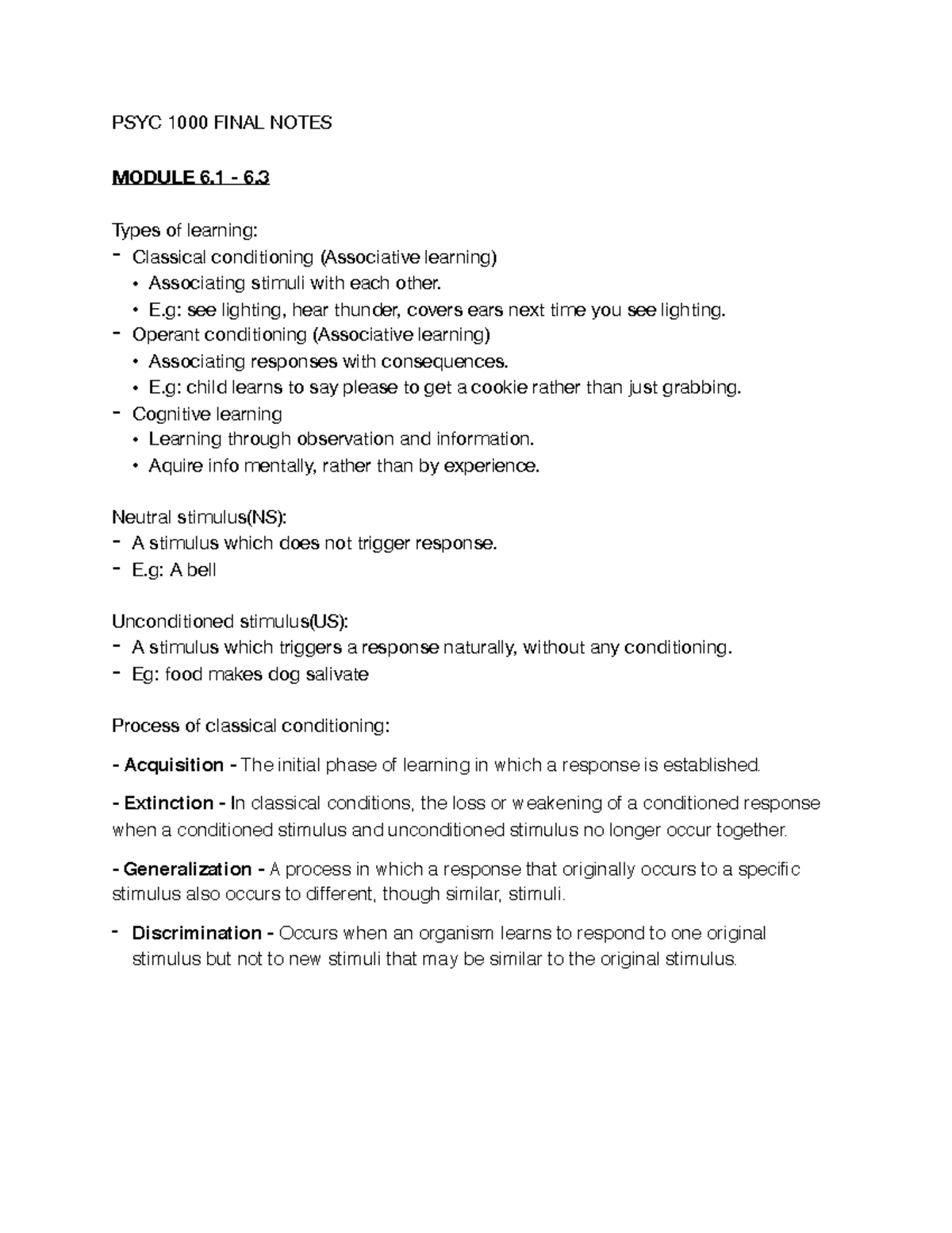 Psych 1000 final notes - PSYC FINAL NOTES MODULE 6 6 Types of learning ...