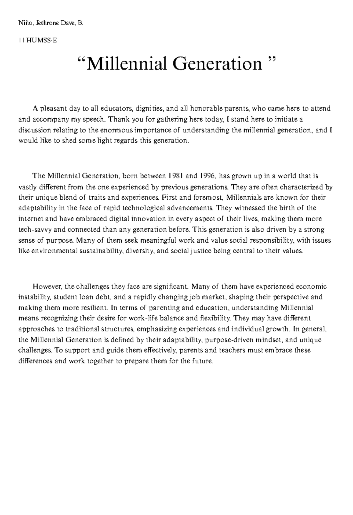 “Millenial Generation ” - Niño, Jethrone Dave, B. 11 HUMSS-E ...