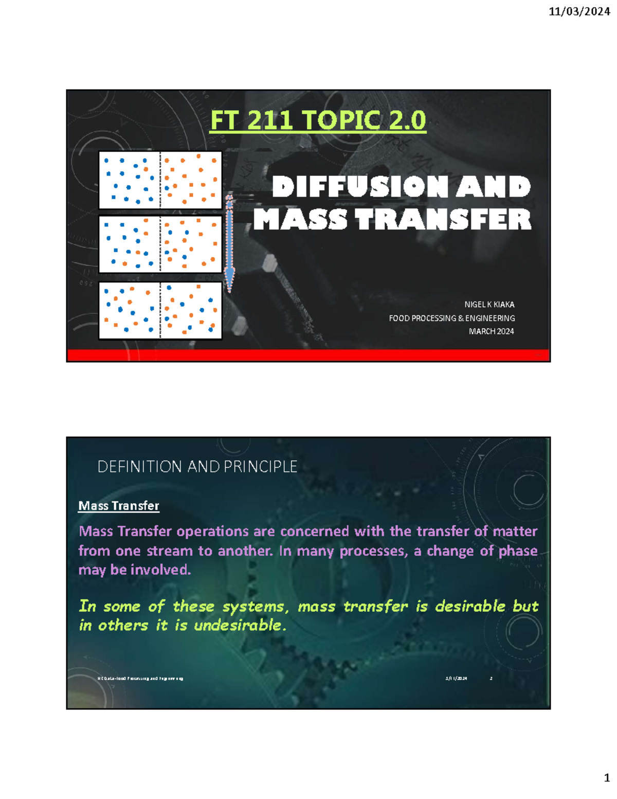 Lecture Notes - Mass Transfer FULL 2024 - DIFFUSION AND MASS TRANSFER ...