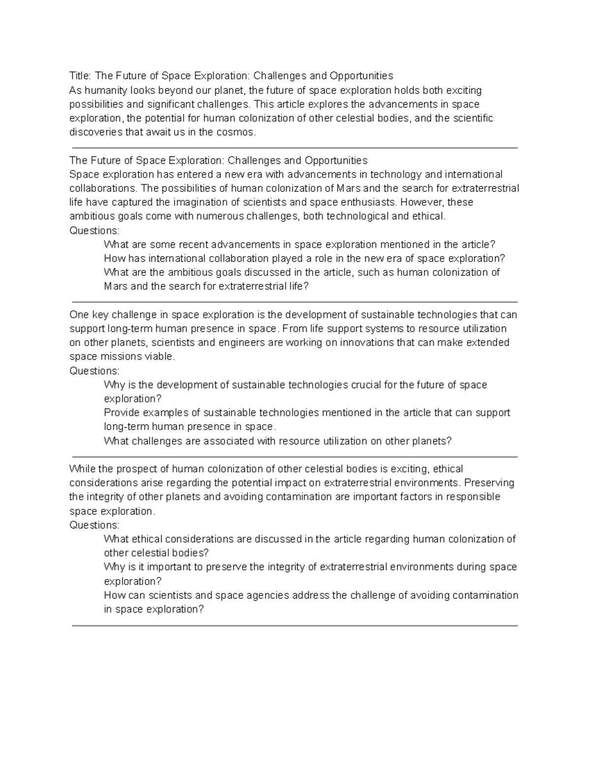 Reading 5 - Title: The Future of Space Exploration: Challenges and ...