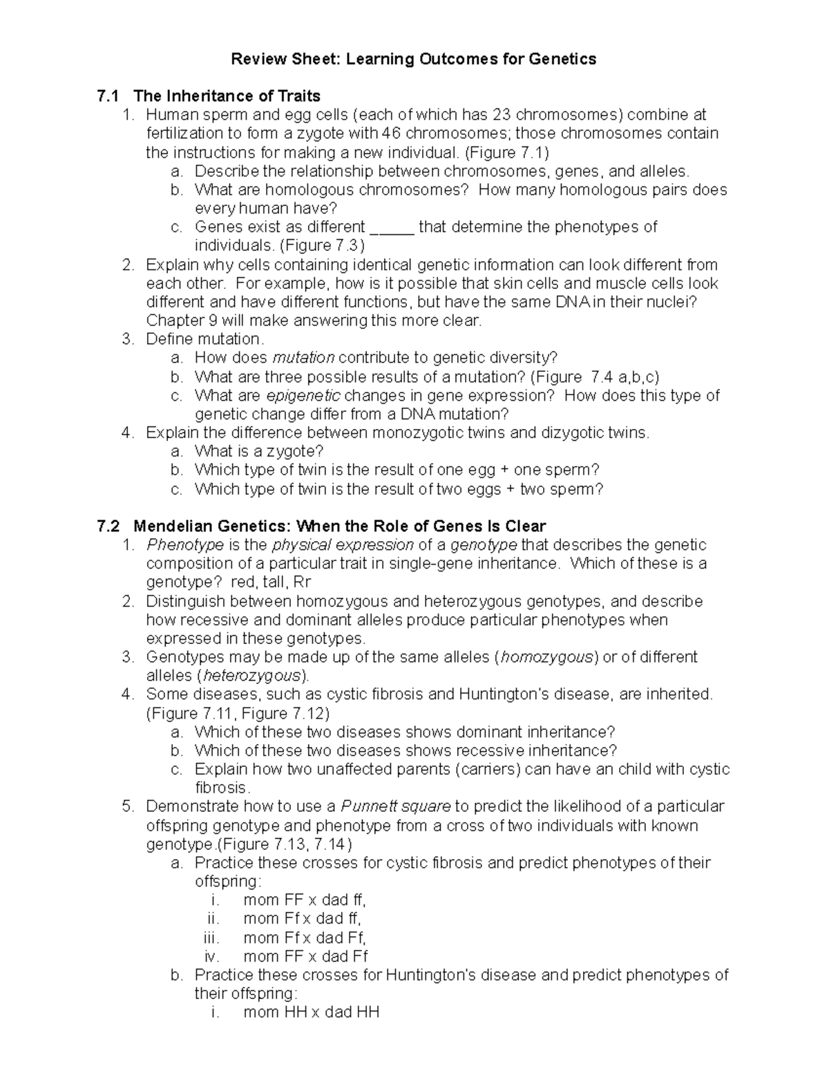 Lecture Notes Chapter 7: Genetics - Review Sheet: Learning Outcomes for ...