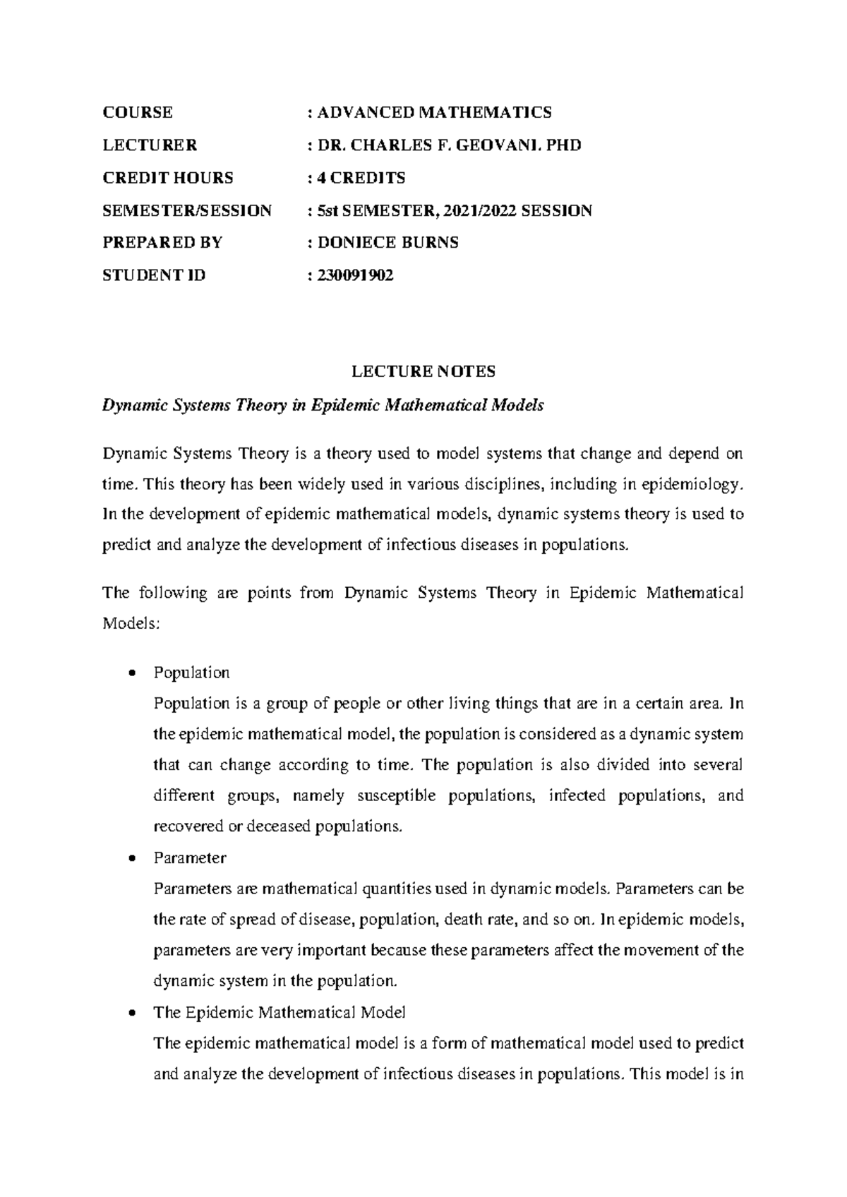 Lecture Notes Dynamic Systems Theory in Epidemic Mathematical Models ...