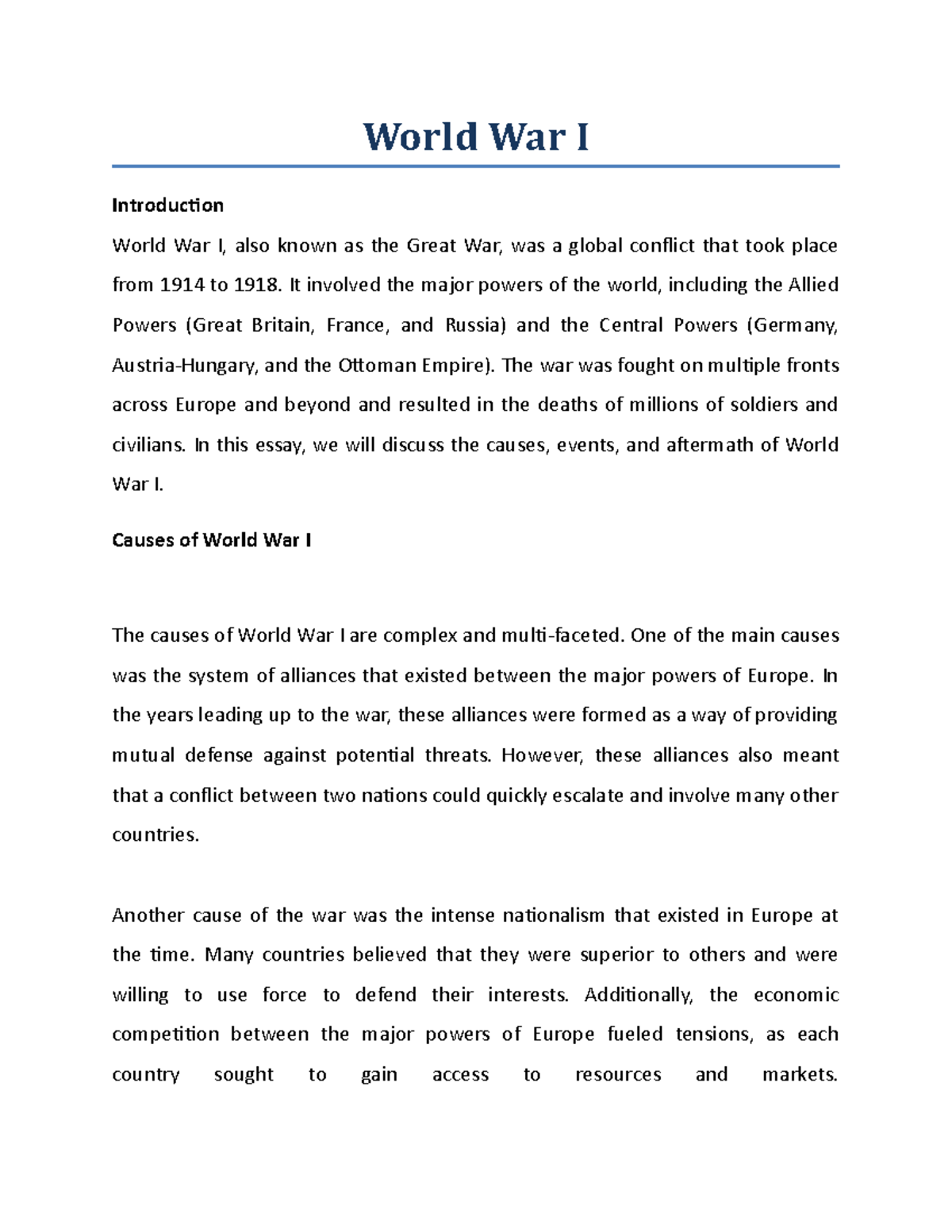 A Brief Note On World War I - World War I Introduction World War I ...