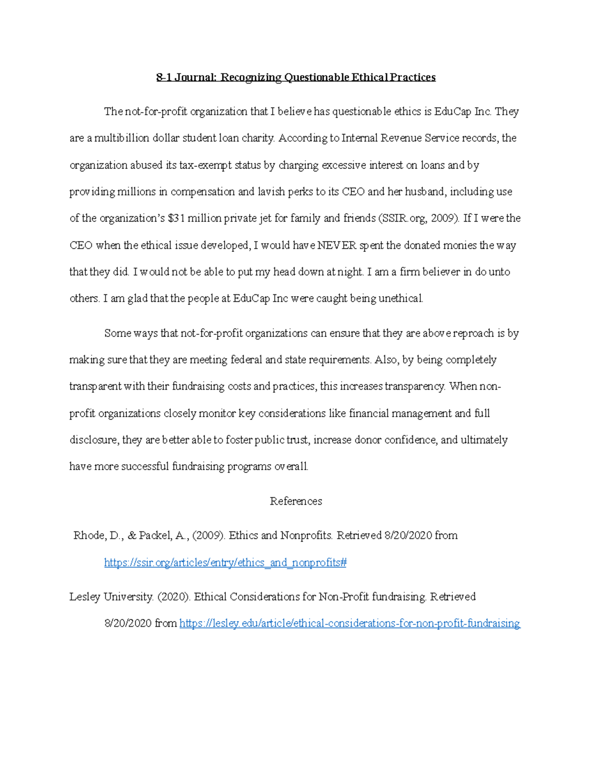 8-1 Journal - Questionable Ethical practices - 8-1 Journal: Recognizing ...