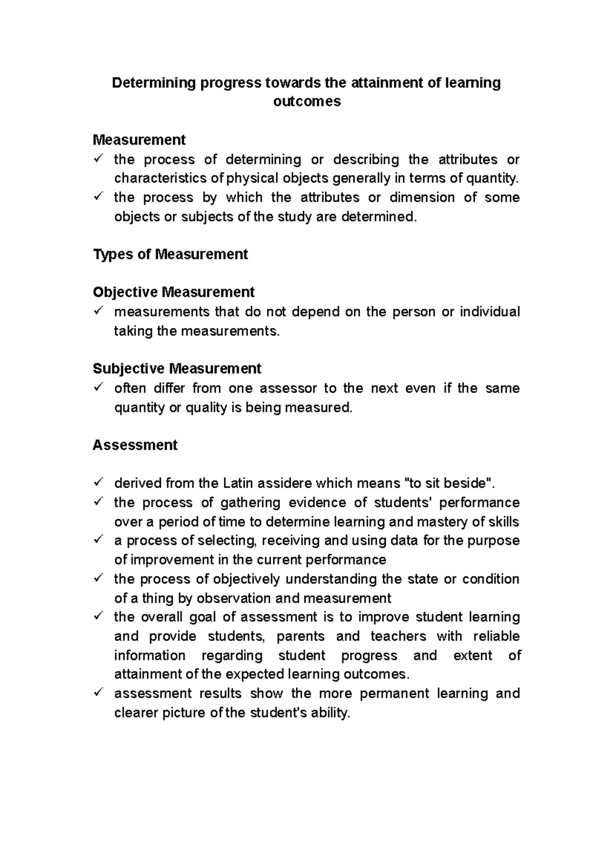 Assessment Of Learning Lecture Notes Determining Progress Towards The Attainment Of Learning