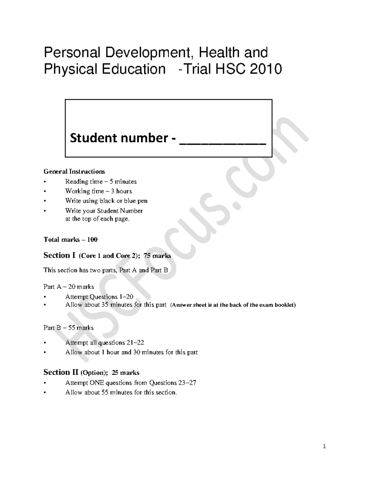 Pdhpe 2010 Trial Paper - assessment - Personal Development, Health and ...