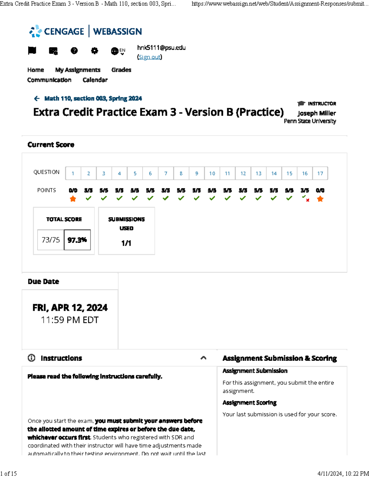 Practice Exam 3 - Version B - Math 110, Spring 2024 Web Assign - EN Sign out QUESTION POINTS 1 2 ...