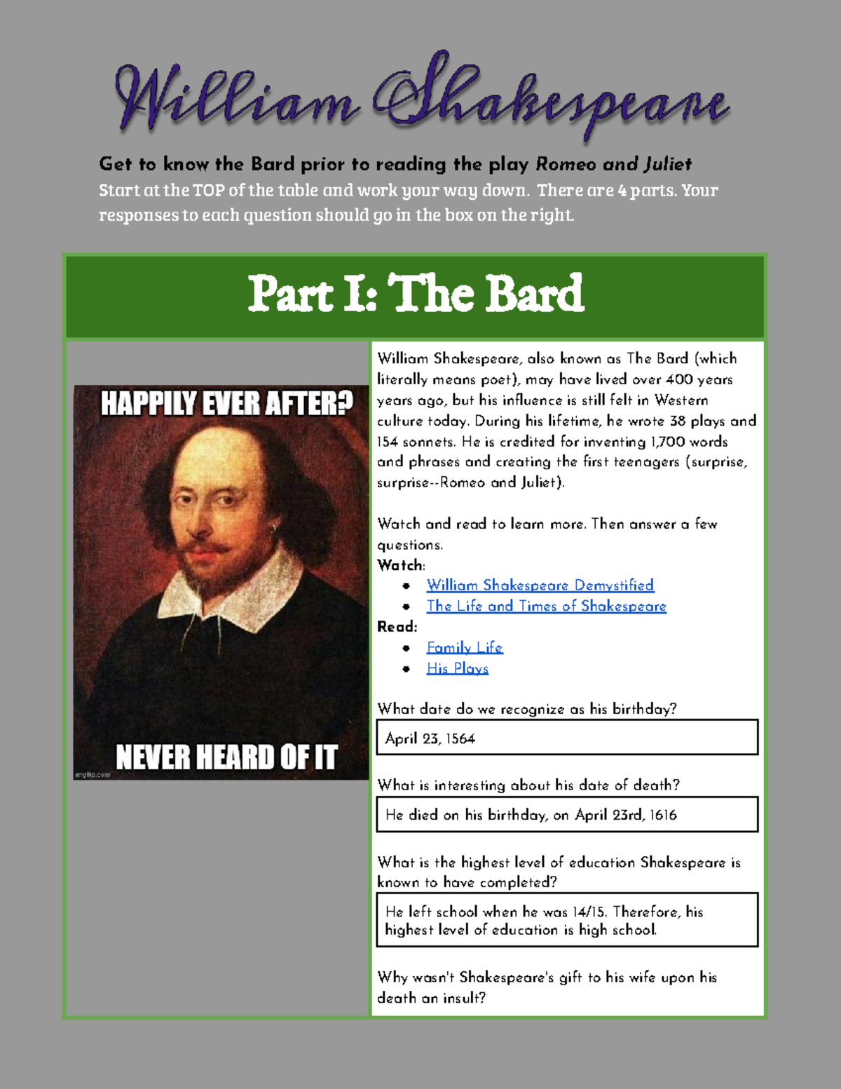 Copy of Segler Shakespeare Intro - Get to know the Bard prior to ...