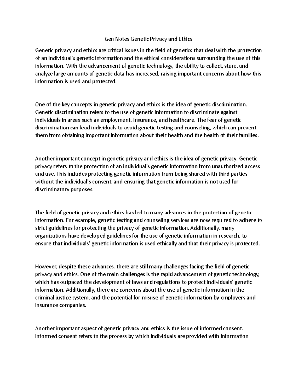 Gen Notes Genetic Privacy and Ethics - Gen Notes Genetic Privacy and ...