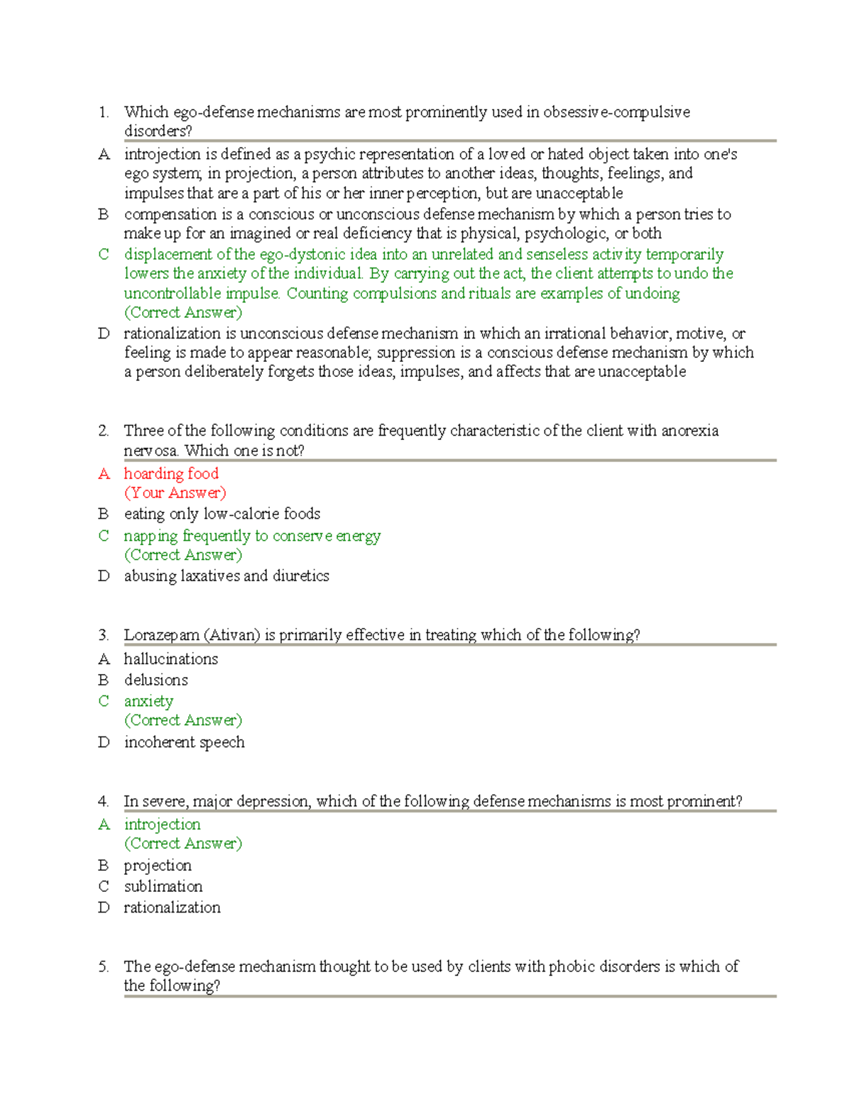 PSYCHOLOGY SAMPLE TEST - Which ego-defense mechanisms are most ...