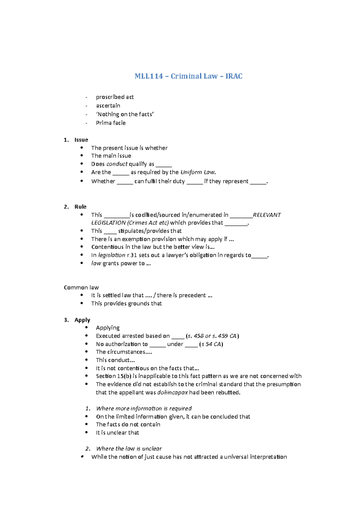 Exam answer template - Quick ref to use for exams - MLL114 – Criminal ...