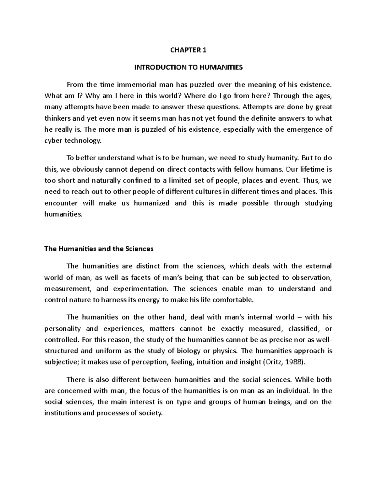 Chapter 1 - Lecture notes of humanities - CHAPTER 1 INTRODUCTION TO ...