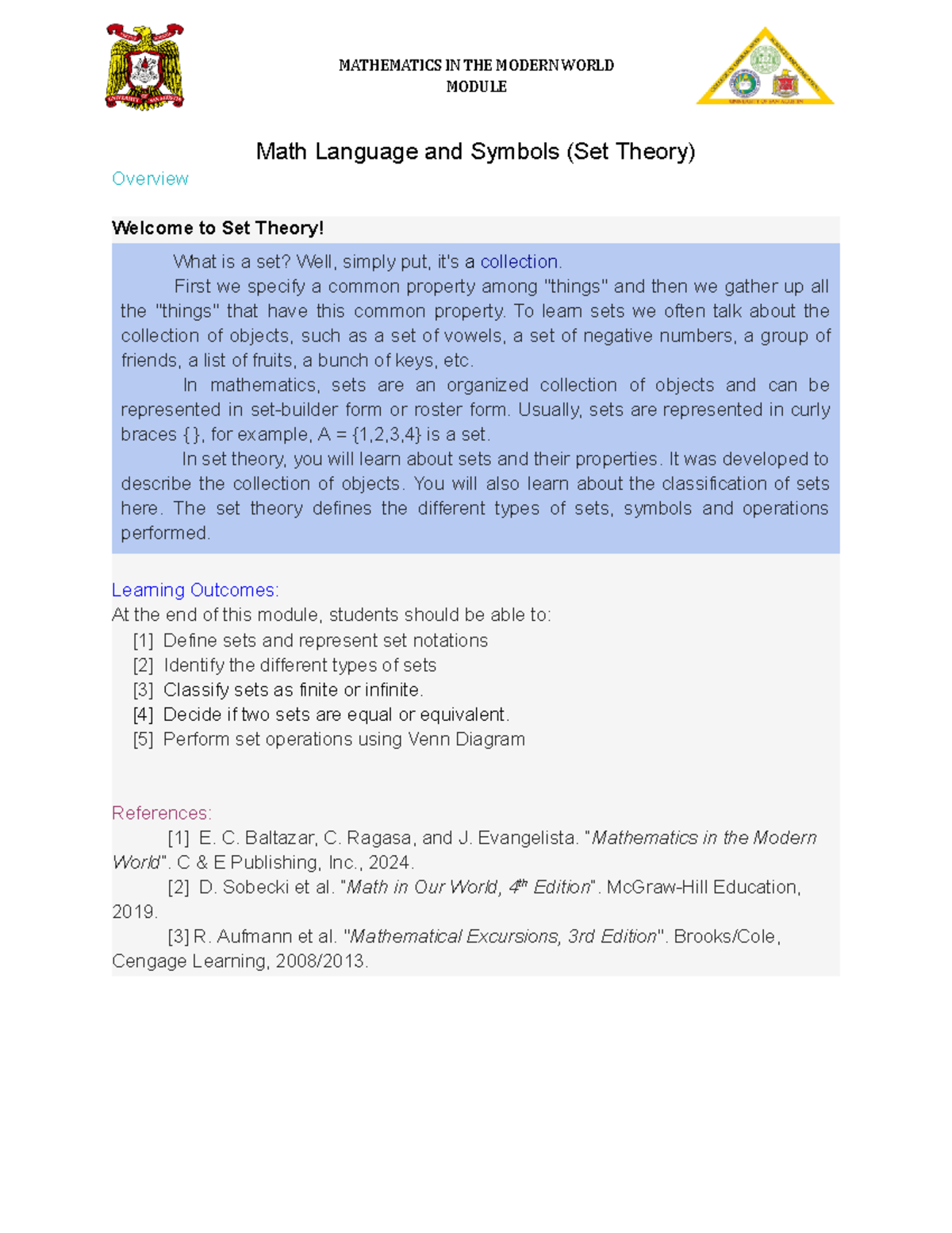 GE3 Module 4 - Set Theory - MODULE Math Language and Symbols (Set Theory) Overview Welcome to ...