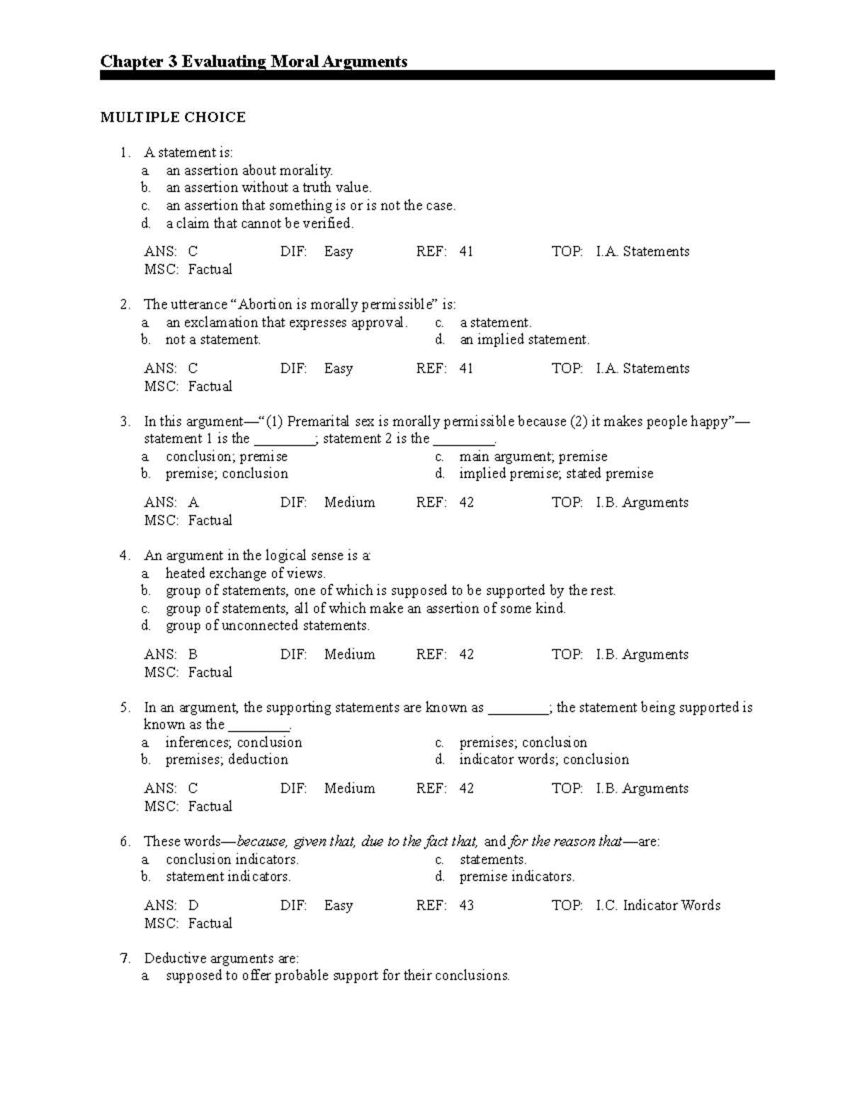 Ch3 - Evaluating Moral Arguments - Chapter 3 Evaluating Moral Arguments MULTIPLE CHOICE A ...