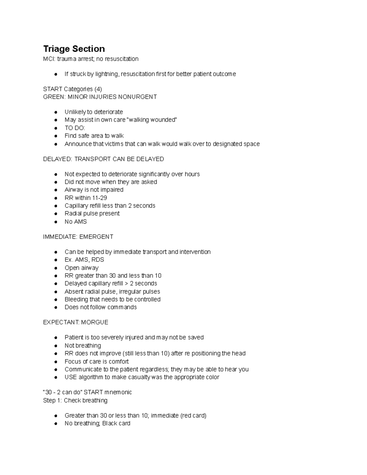 Triage Nursing - lecture notes - Triage Section MCI: trauma arrest; no ...
