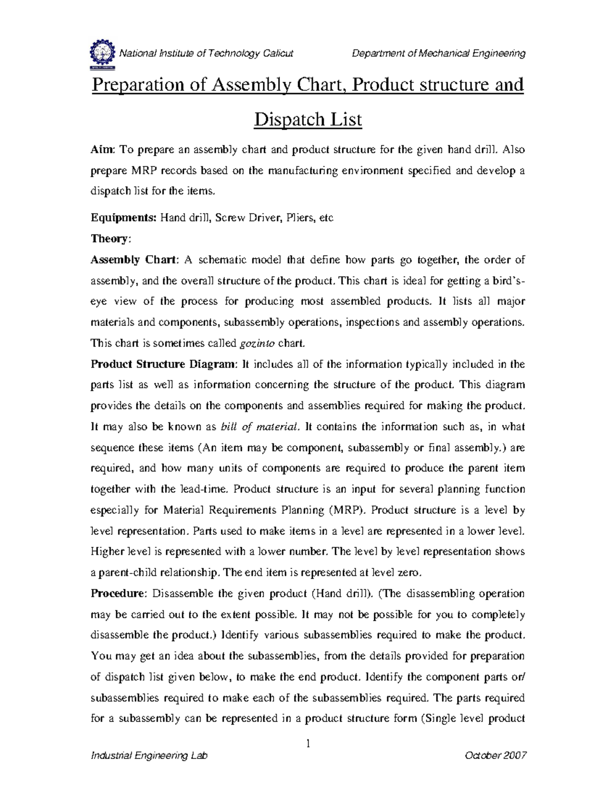 Assembly chart, Product structure and Dispatch List - 1 Preparation of ...