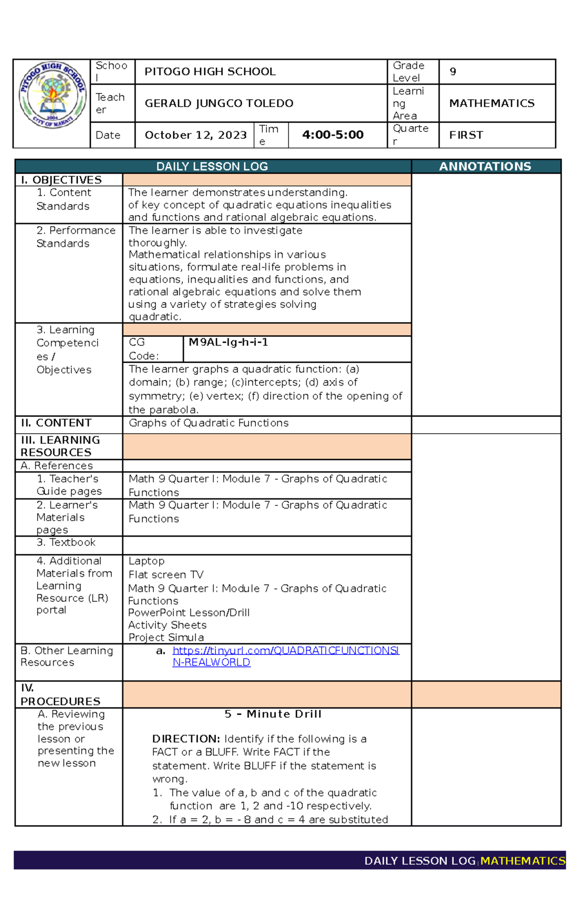 DLL-MATH-SY-2022-2023 with-notes-3rd - Schoo l PITOGO HIGH SCHOOL Grade ...