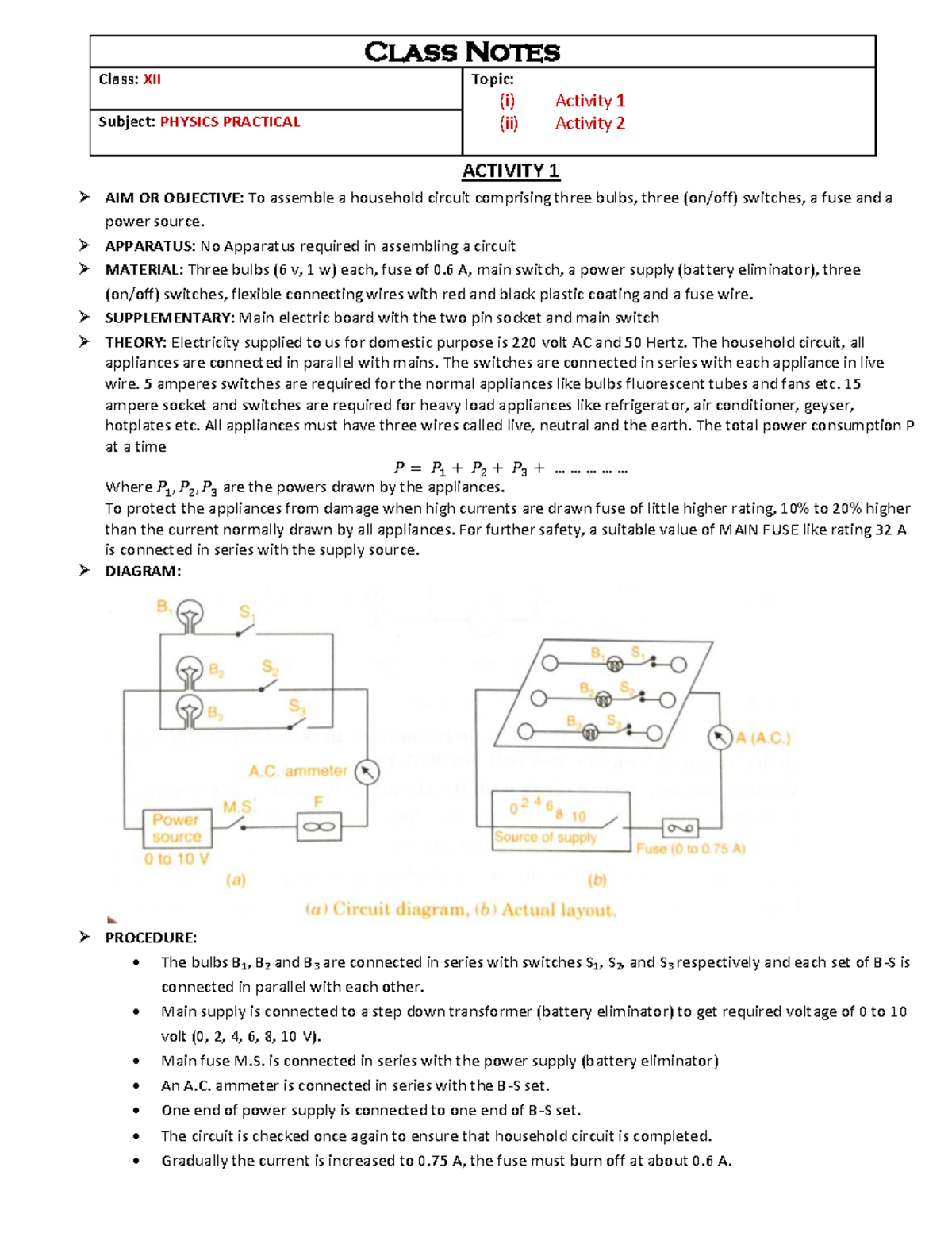 XII-PHY - Class Notes Class: XII Topic: (i) Activity 1 Subject: PHYSICS ...