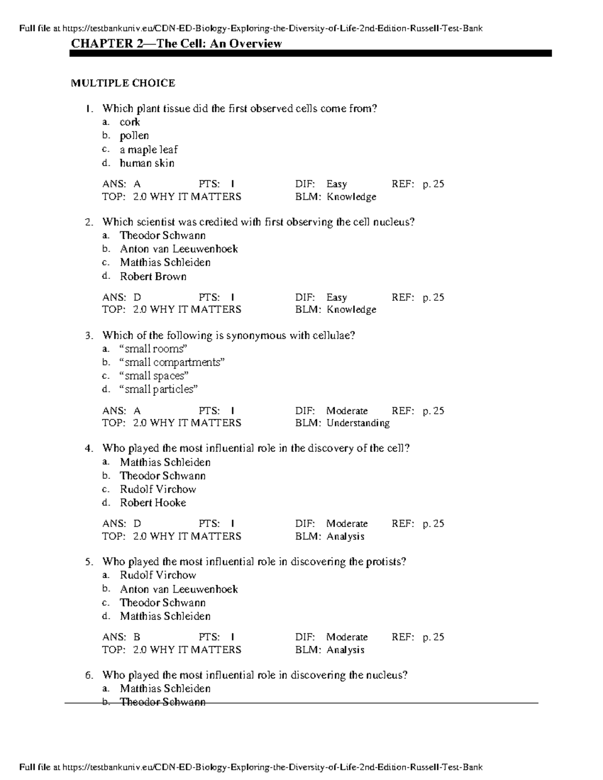 Chapter 2 The Cell An Overview Multiple - Full file at - Studocu